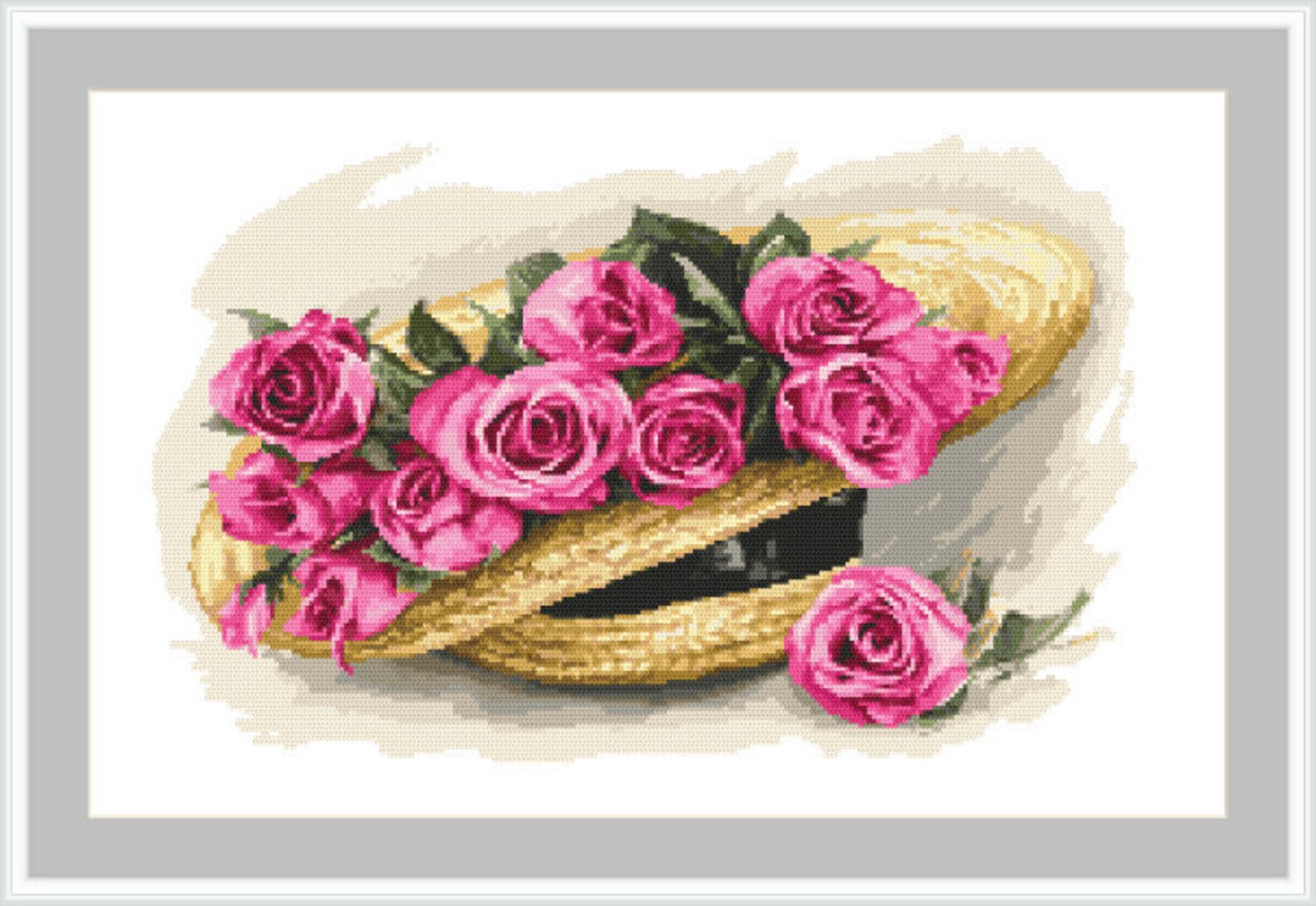 Wonderful Rose-bouquet of Roses in a Hat Digital Cross Stitch Pattern ...