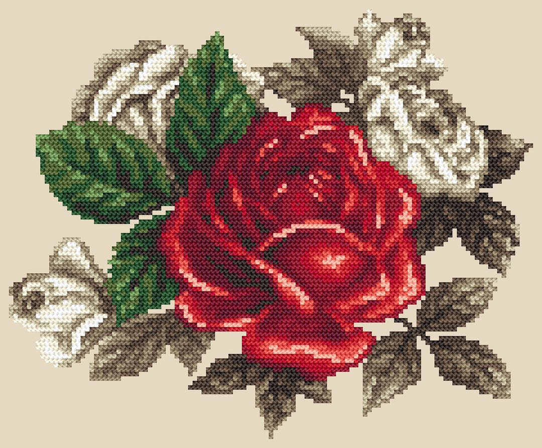 Red Rose Digital Cross Stitch Pattern, Romantic Roses, - Etsy