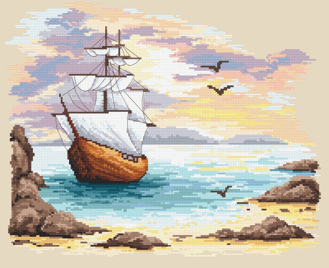 Sailin Ship in an Azure Creek Digital Pattern for Cross Stich ,A ...