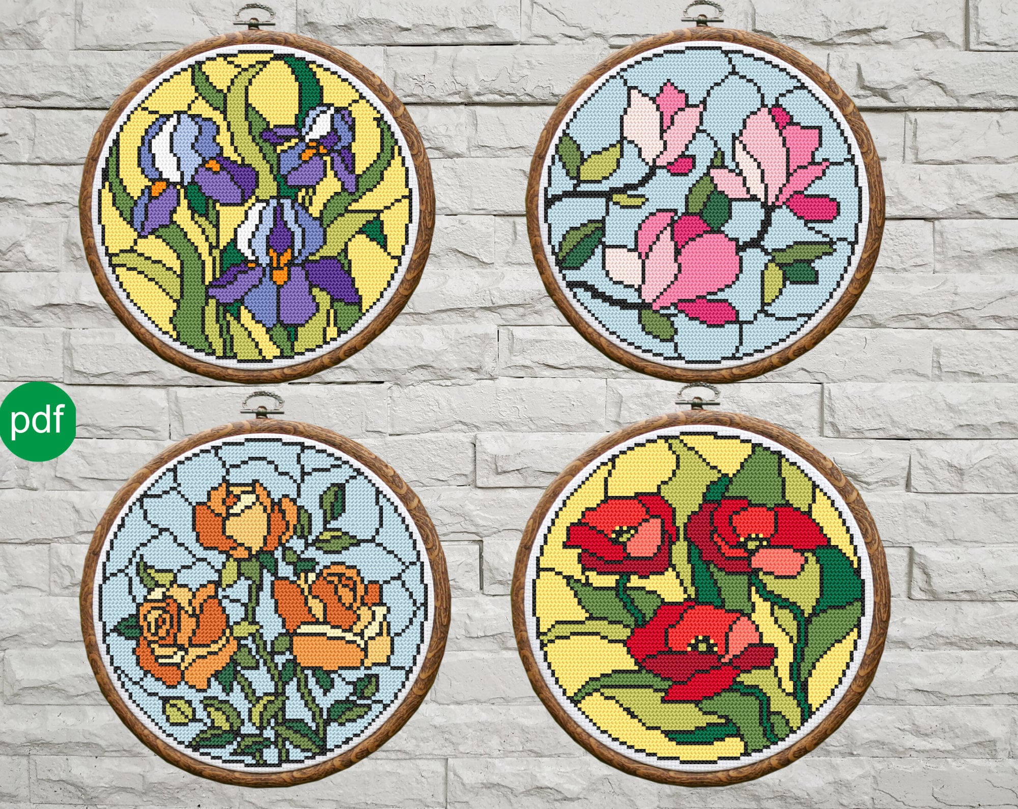 4 Bouquets in the Style of Stained Glass Cross Stitch Digital Patterns ...
