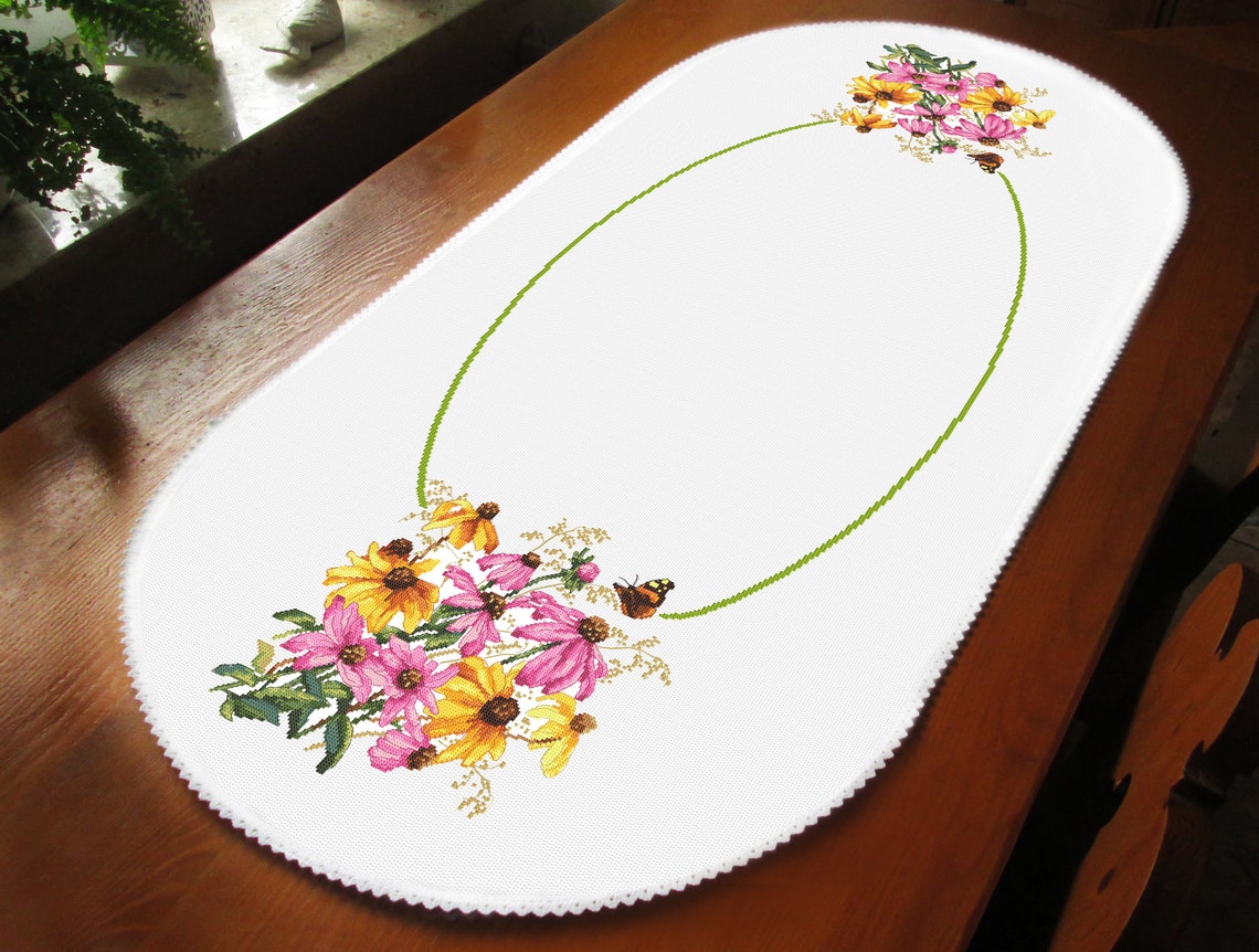 Oval Table Runner Colourful Flowers Digital Counted Cross | Etsy