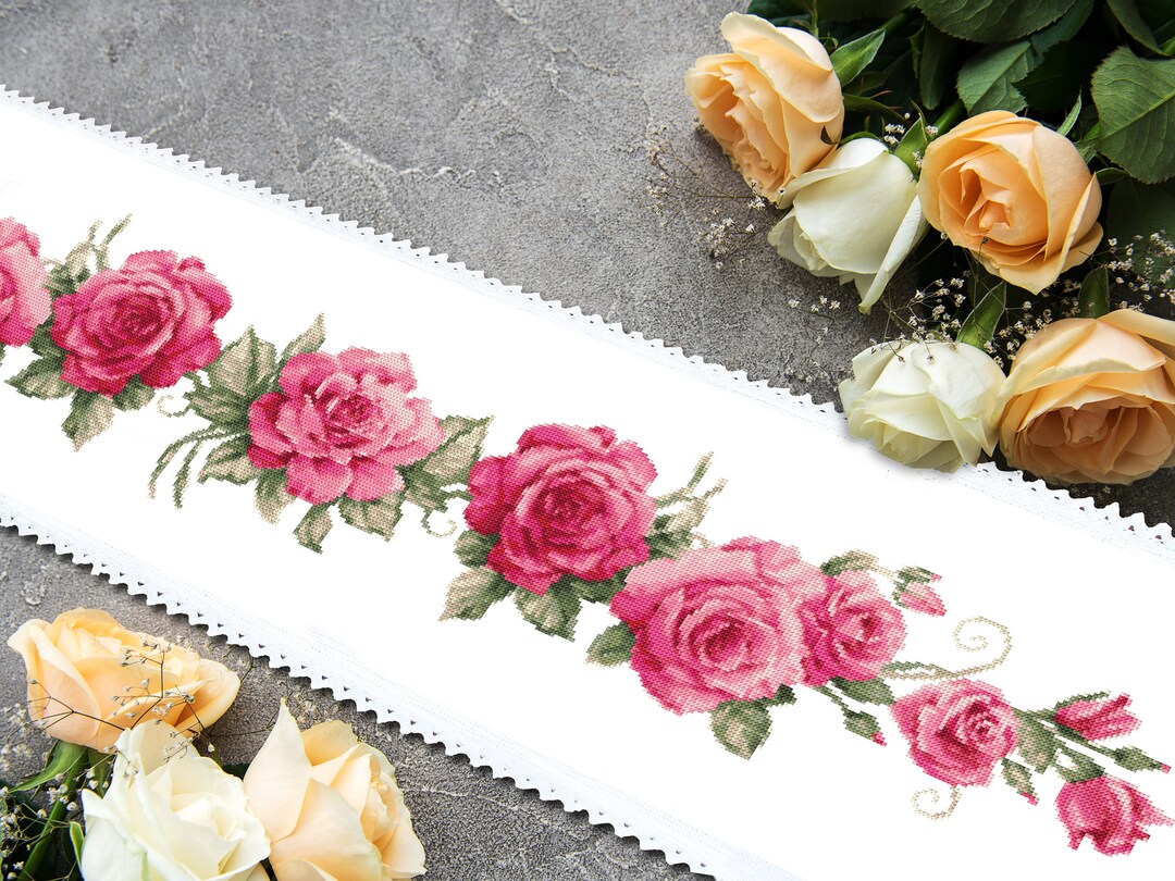 Flowers Runner, Long Table Runner With Roses Digital Counted Cross ...