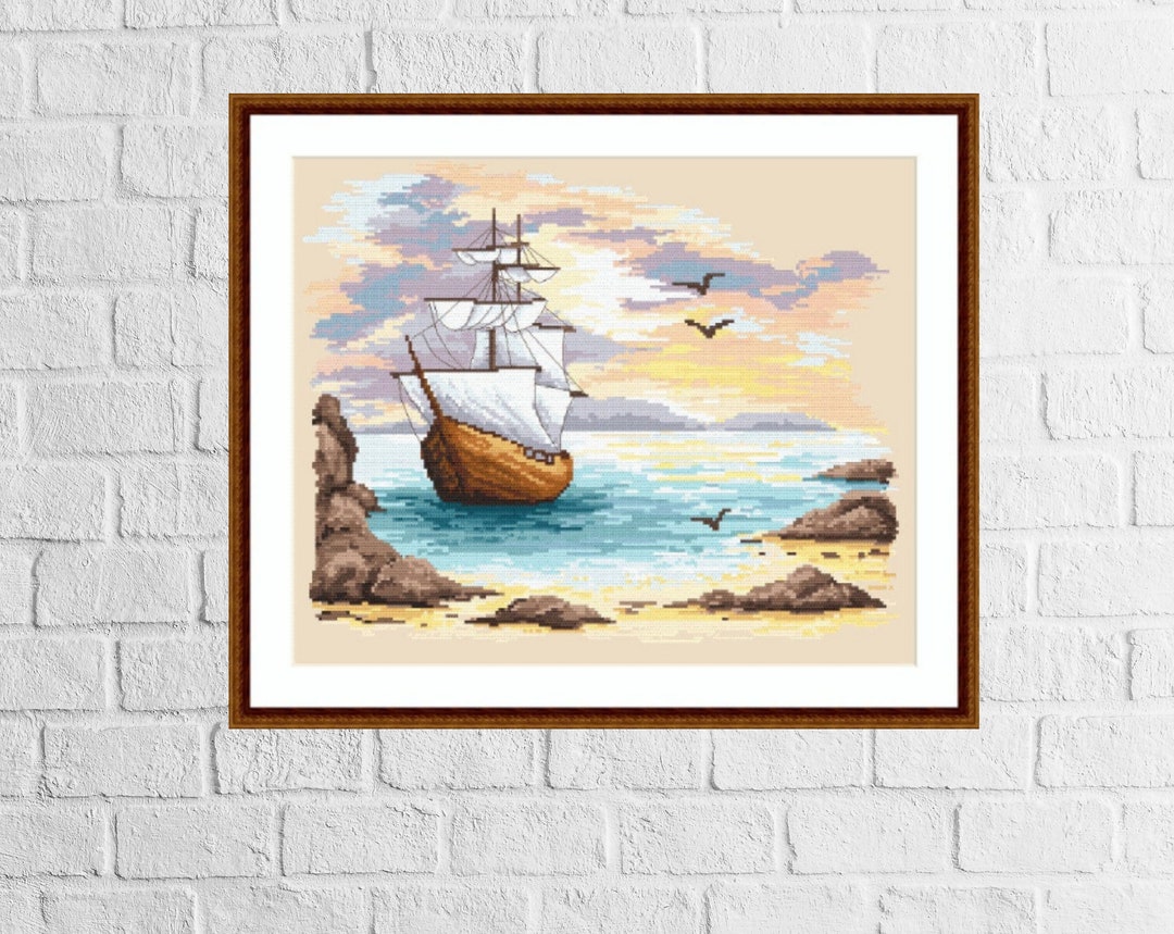 Sailin Ship in an Azure Creek Digital Pattern for Cross Stich ,A ...