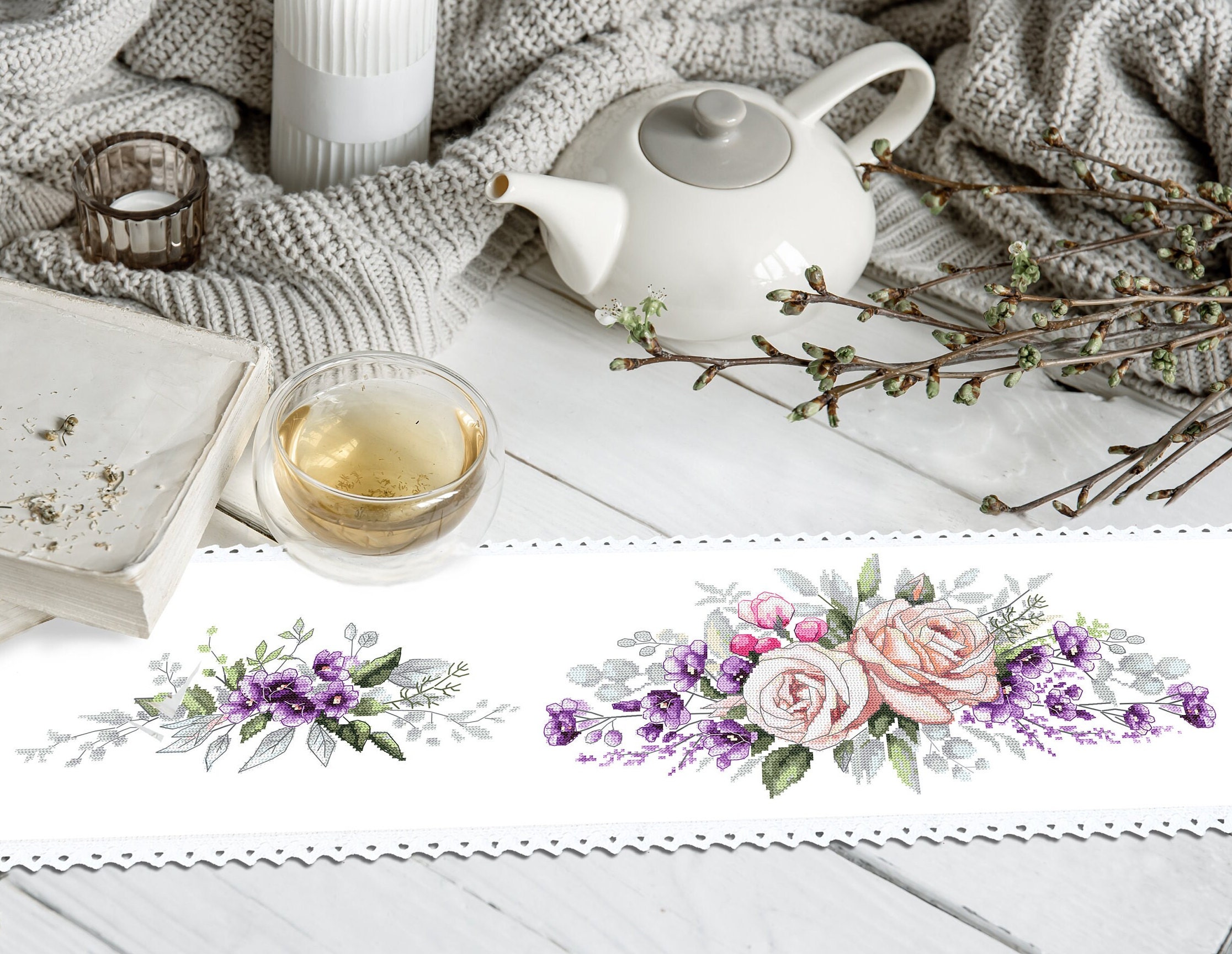 Long Table Runner With Roses, Digital Counted Cross Stitch Pattern,pdf ...