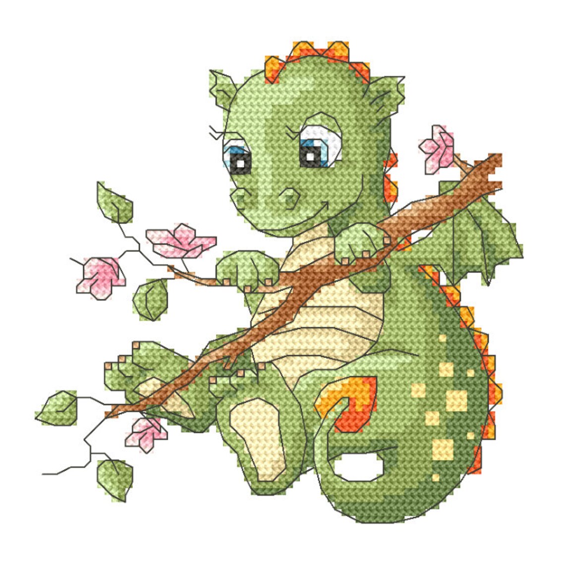 Dragon Sam on a branch Modern Cross Stitch Pattern Children | Etsy