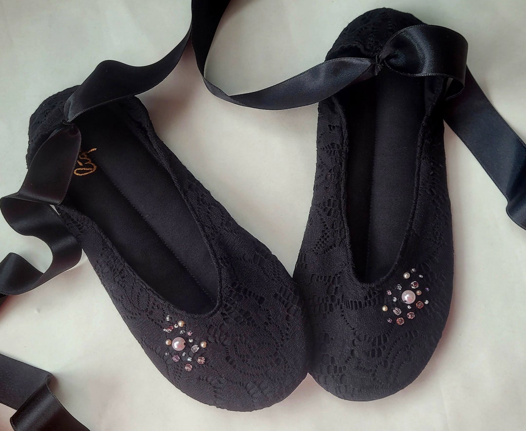 Black Lace Ballet Flats Black Ballerina Shoes With Flowers Low Heel ...