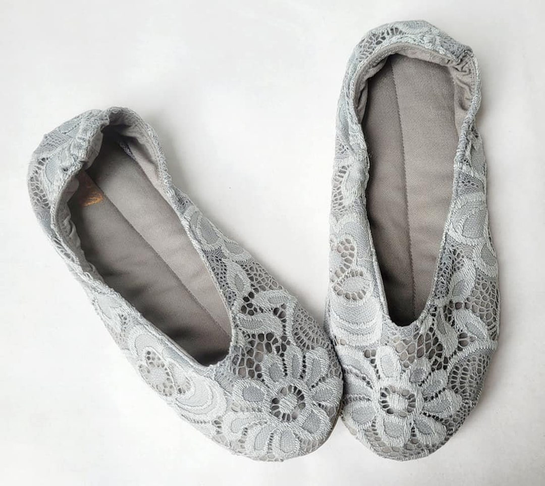 Gray Lace Ballet Flats With Silver Satin Ribbons Made to Order Shoes ...