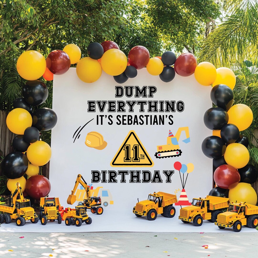 Construction Birthday Backdrop Boy, Excavator Personalized Printed Sign ...