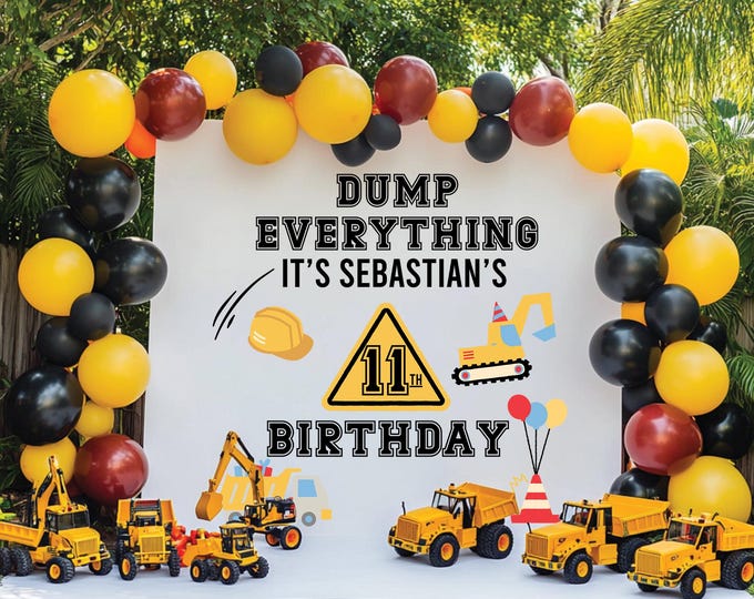 Construction Birthday Backdrop Boy, Excavator Personalized Printed Sign ...