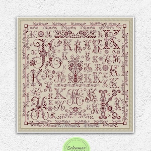 Monochrome Letter K Sampler Cross Stitch Pattern Flowers Alphabet ...