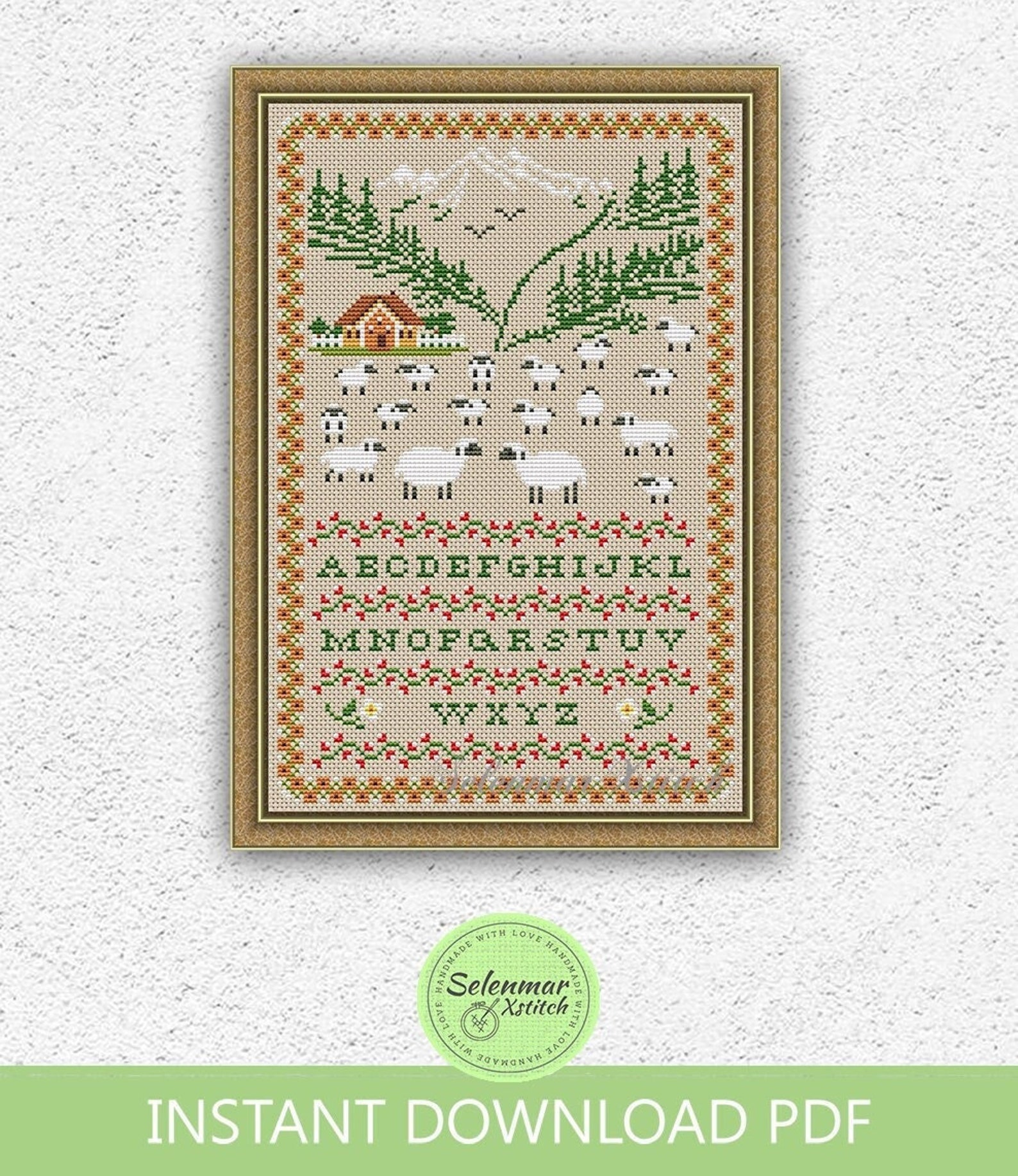 Country Primitive Cross Stitch Pattern Sheep in the Meadow Embroidery ...