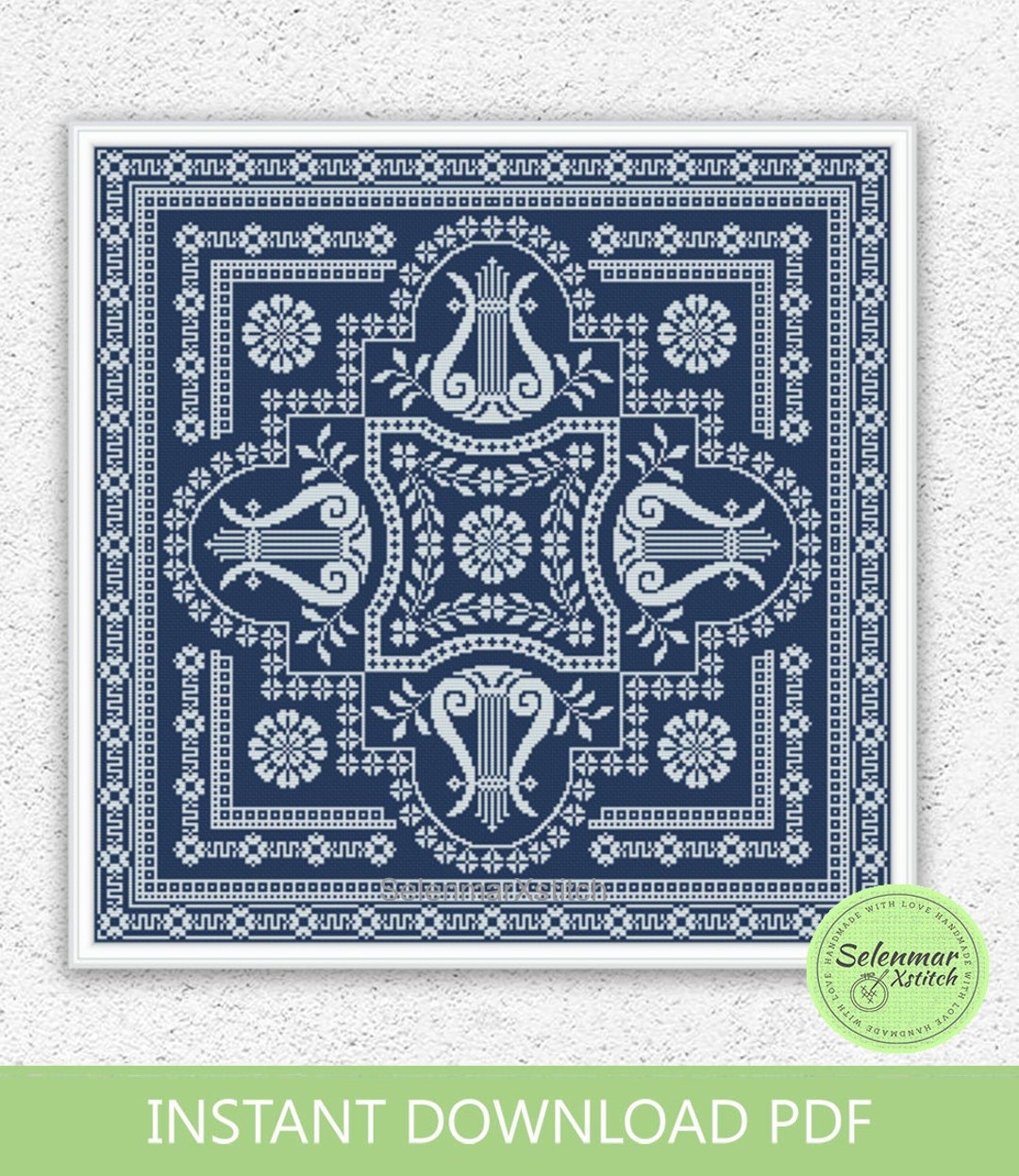 Monochrome Sampler Counted Cross Stitch Pattern Antique Lyres Ornament ...