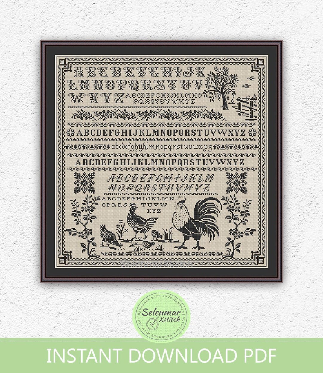 Rooster and Chickens Cross Stitch Pattern Country Quaker Sampler ...