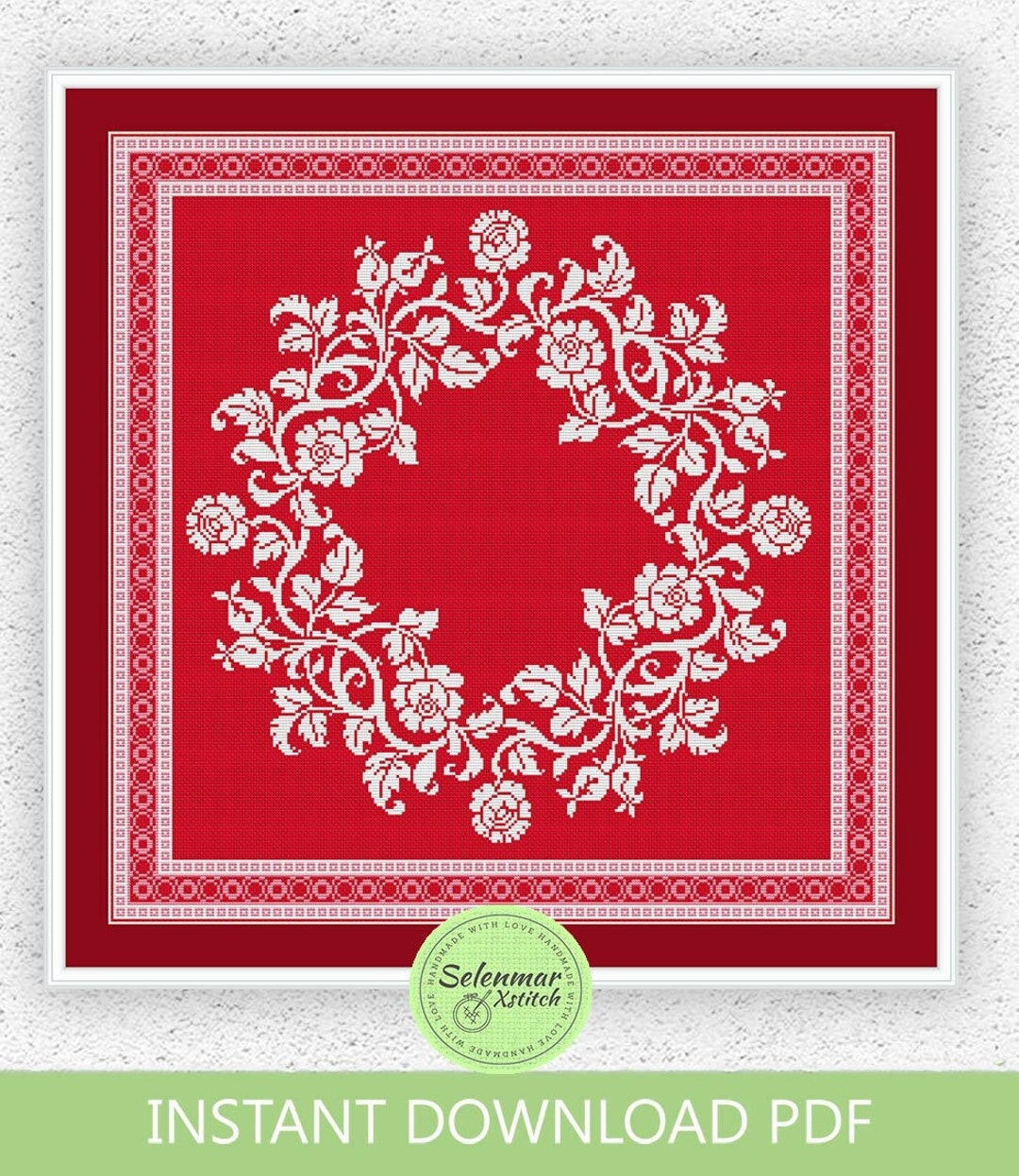Floral Monochrome Cross Stitch Pattern Flowers Wreath Embroidery Design Pillow Cross Stitch