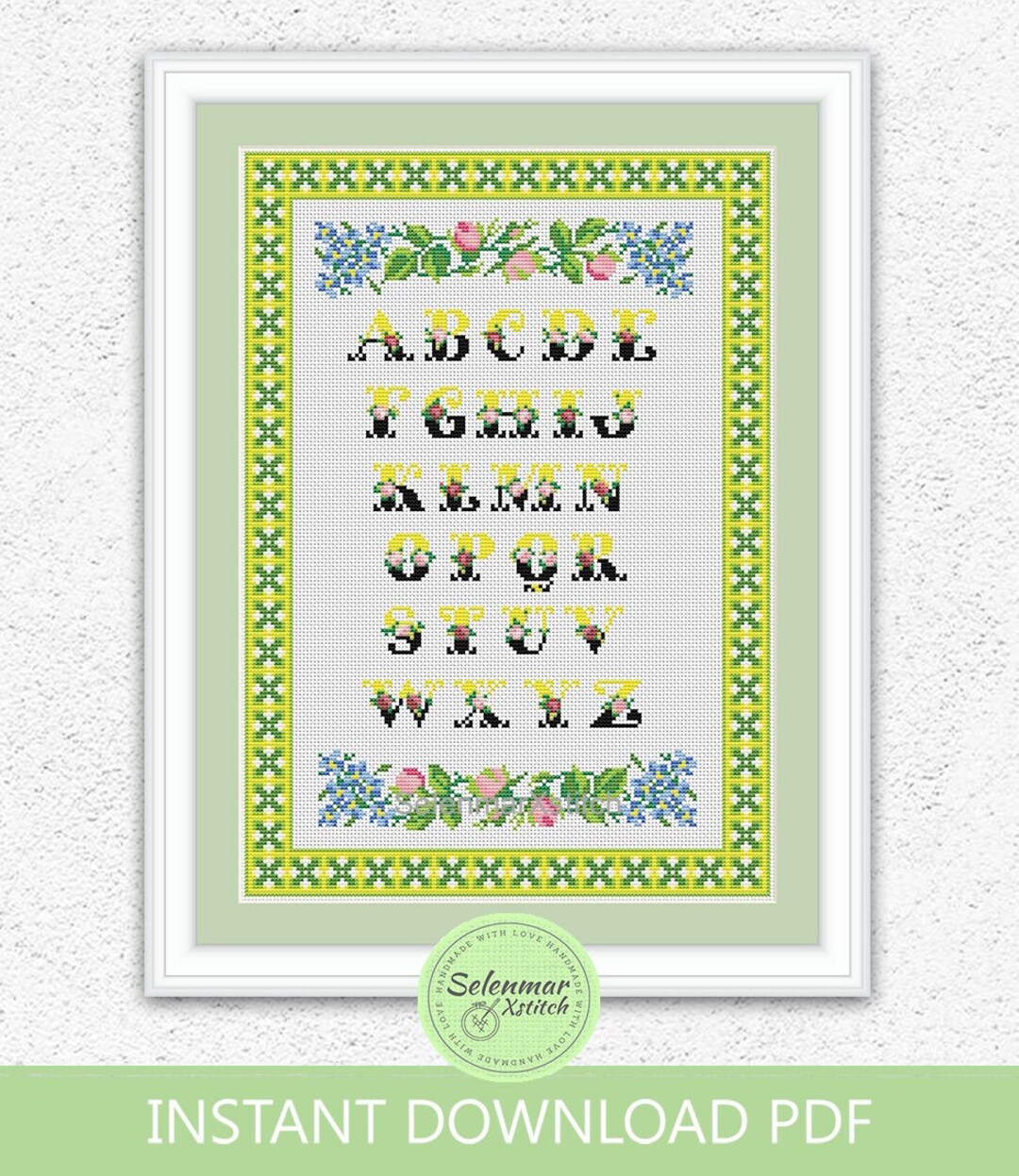 Floral Alphabet Sampler Cross Stitch Antique Pattern Flowers Letters ...
