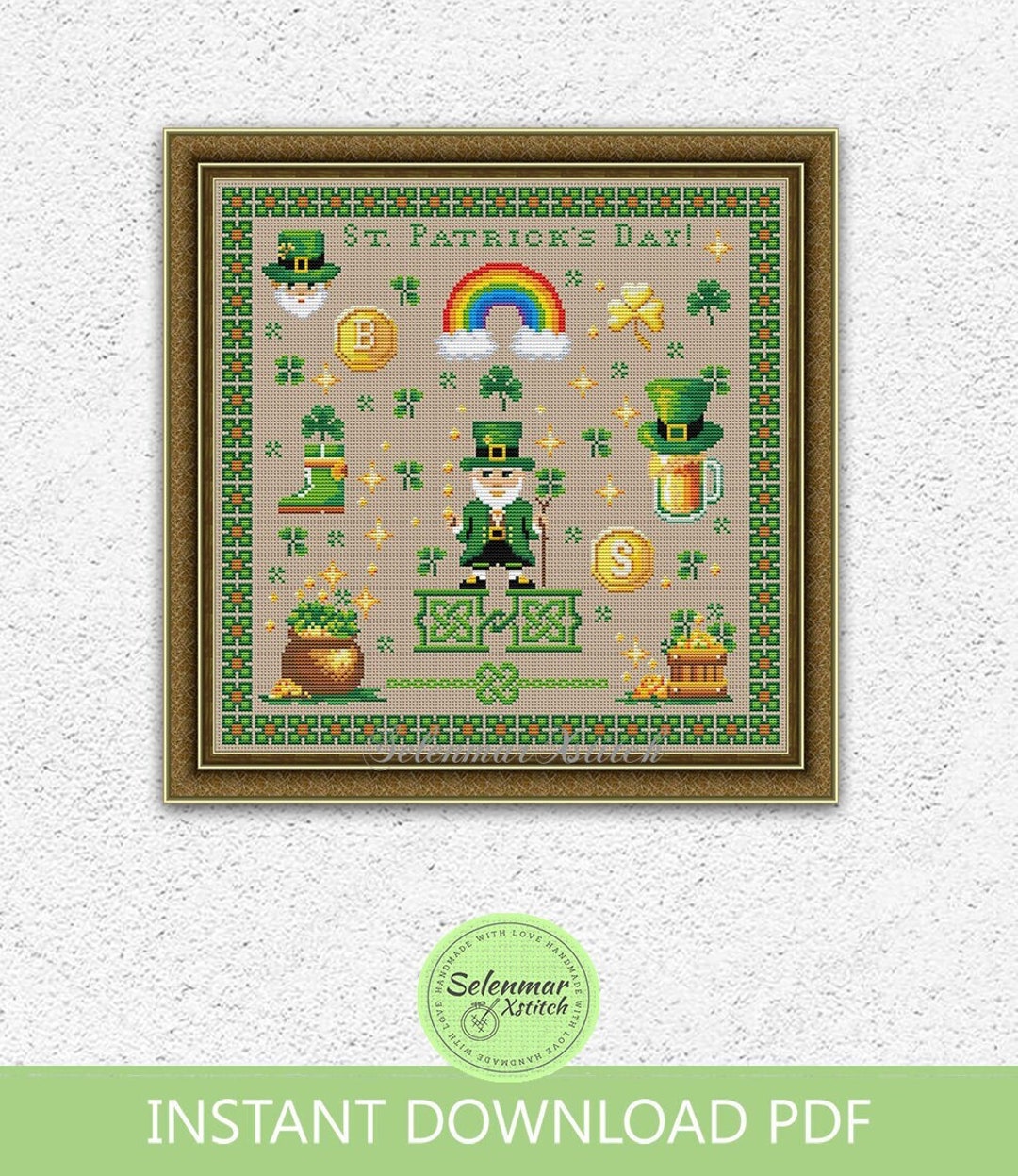 St Patricks Day Primitive Cross Stitch Pattern Patricks Pot of Gold ...