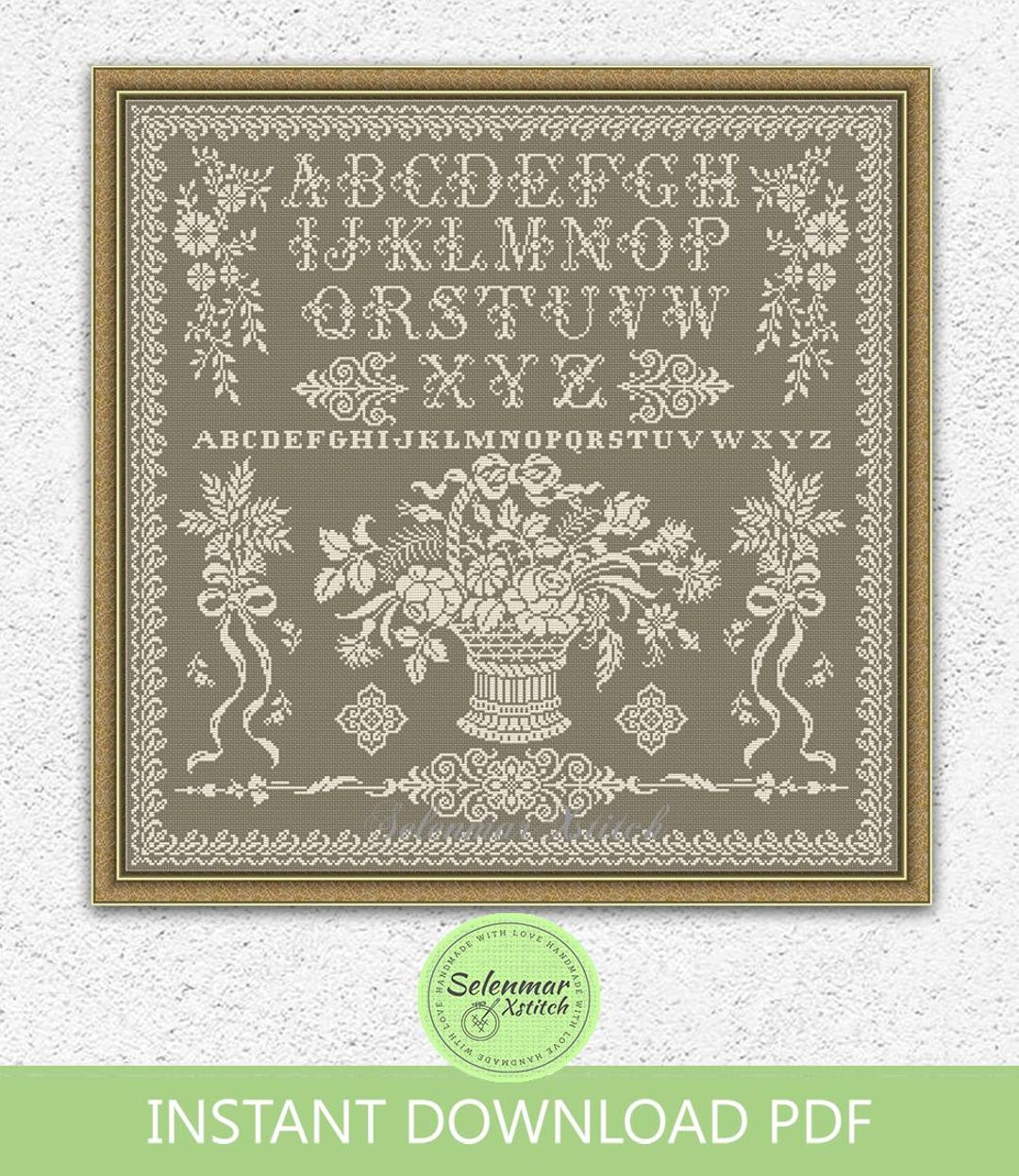 Floral Monochrome Quaker Sampler Cross Stitch Pattern Vintage ...