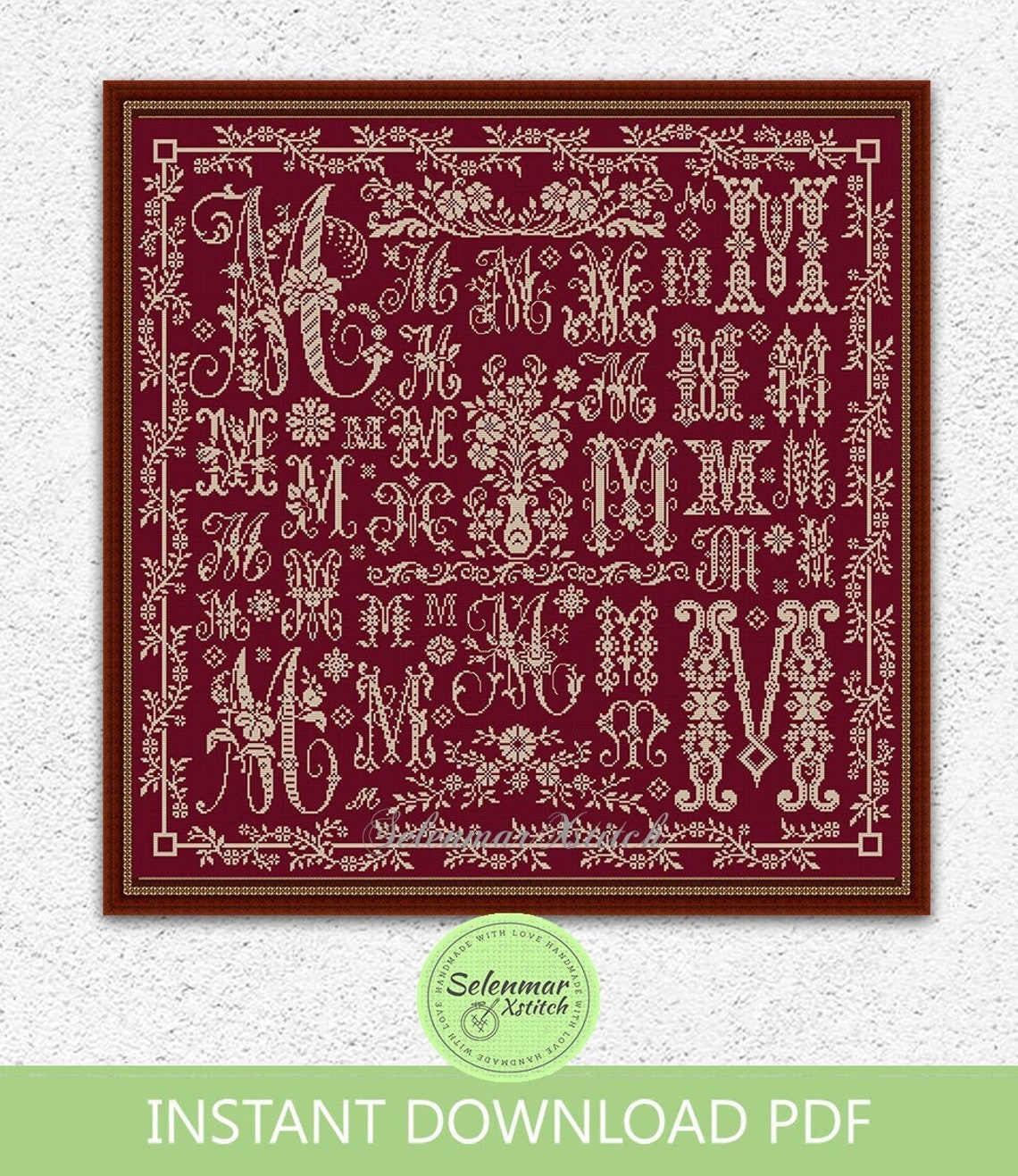 Monochrome Letter M Sampler Cross Stitch Pattern Floral Alphabet ...