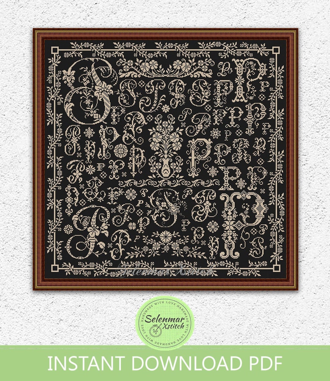 Floral Capital Letter P Sampler Cross Stitch Pattern Monochrome Letter ...