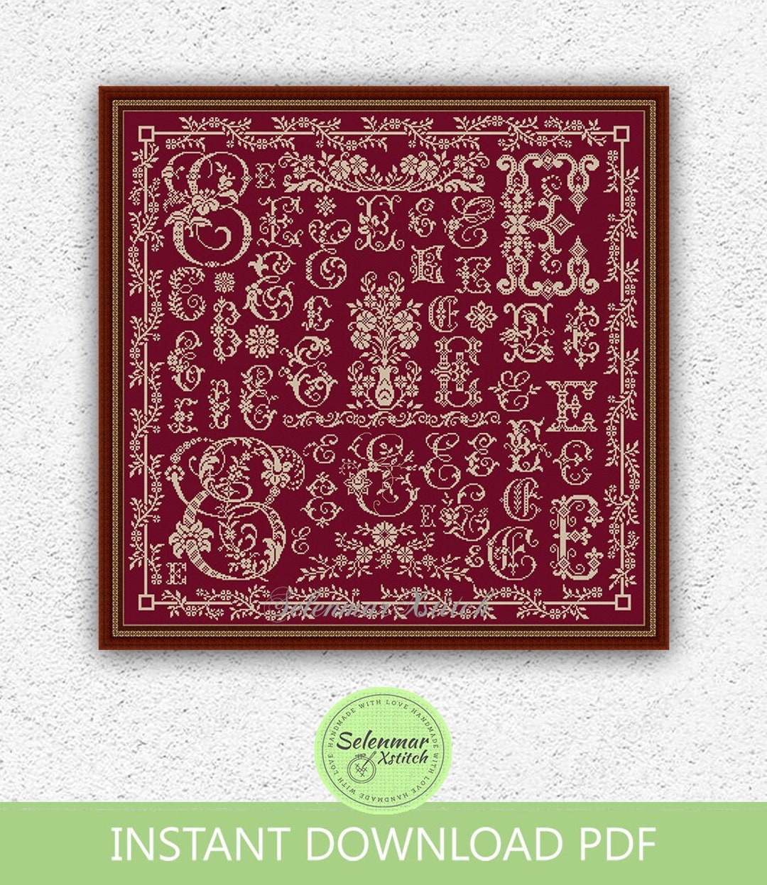 Floral Letter E Sampler Cross Stitch Pattern Monochrome Cross Stitch ...