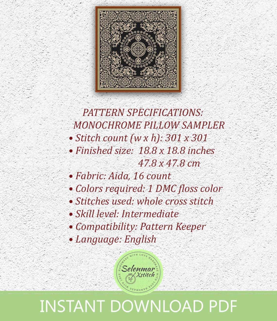 Monochrome Cross Stitch Pattern Pillow Cross Stitch Embroidery Design ...