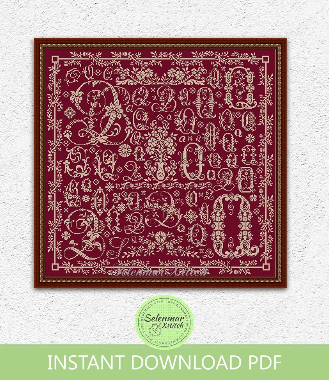 Monochrome Letter Q Sampler Counted Cross Stitch Pattern Floral ...