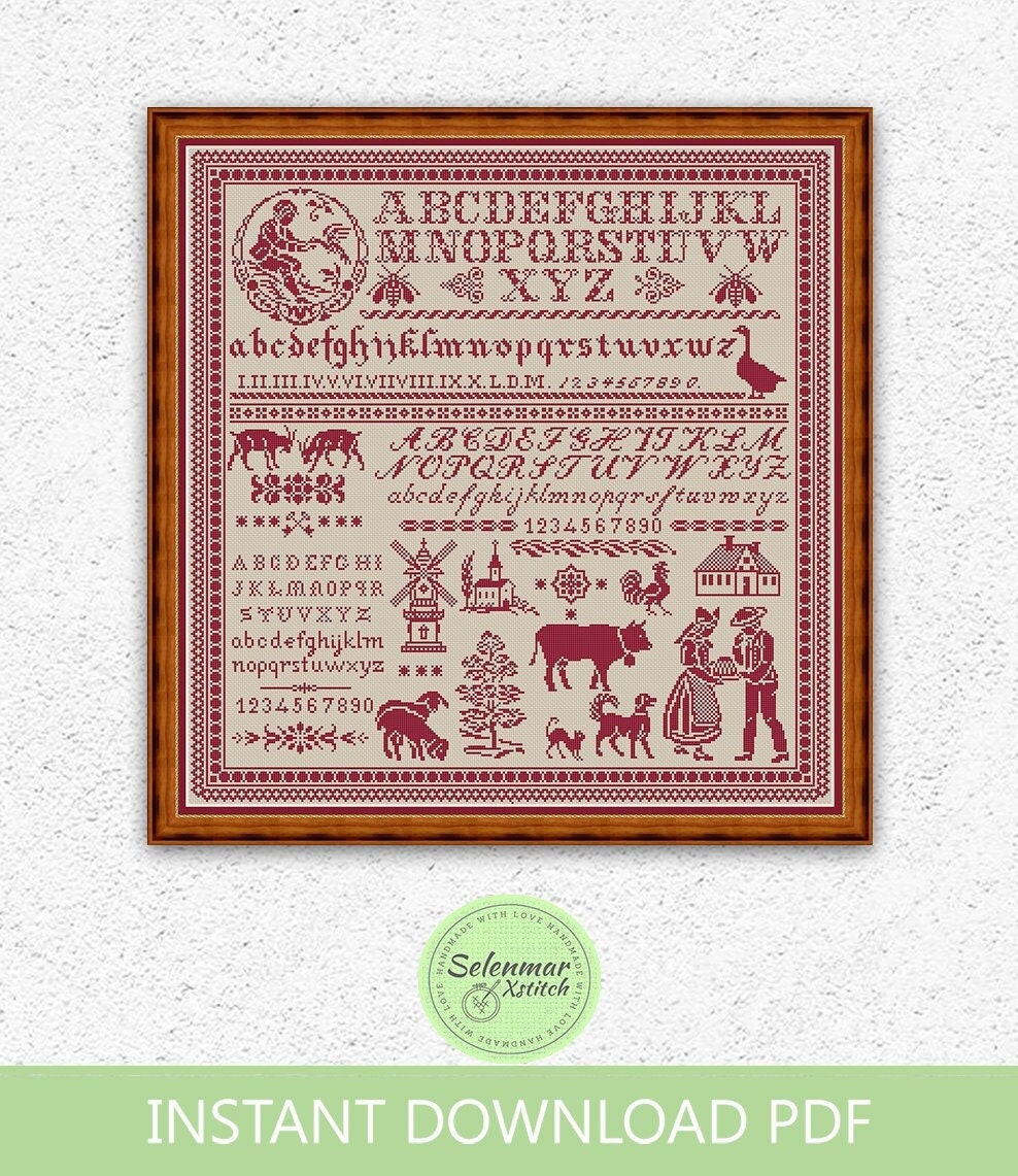 Country Quaker Sampler Counted Cross Stitch Pattern Rustic Monochrome ...