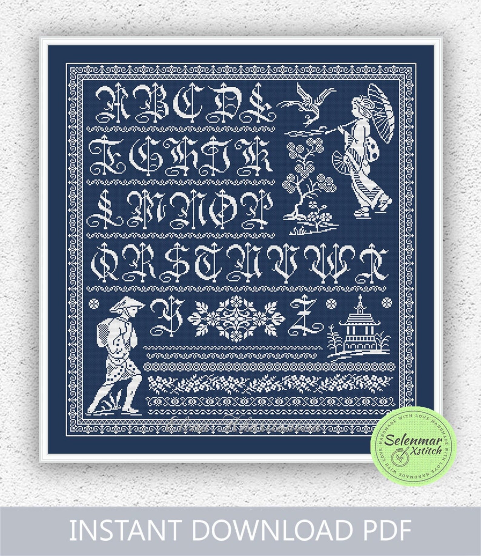 Oriental Monochrome Cross Stitch Pattern Asian Cross Stitch Quaker ...