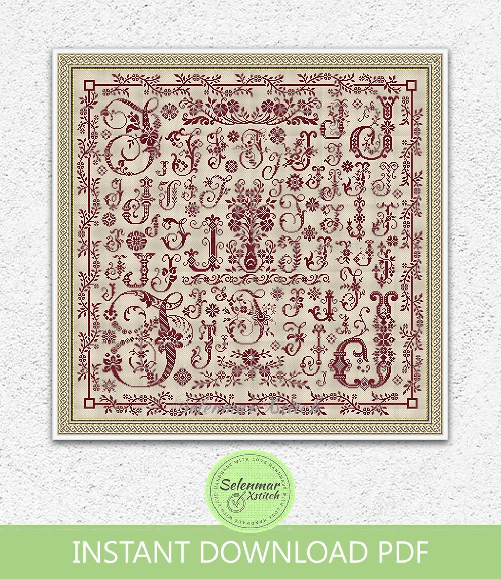 Floral Letter J Sampler Counted Cross Stitch Pattern Monochrome Cross ...