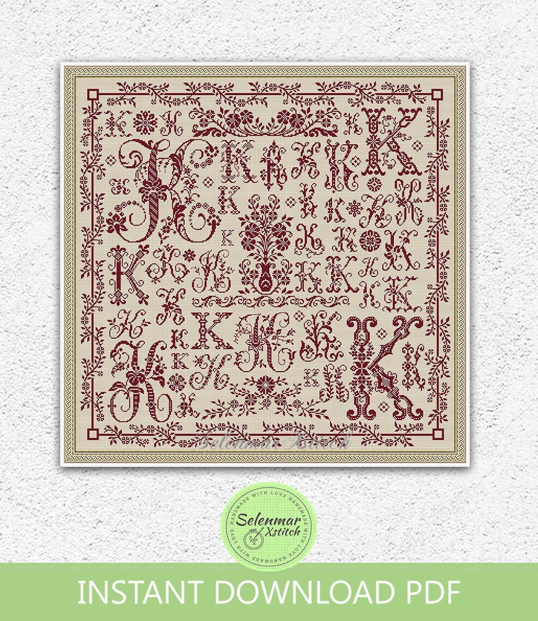 Monochrome Letter K Sampler Cross Stitch Pattern Flowers Alphabet ...