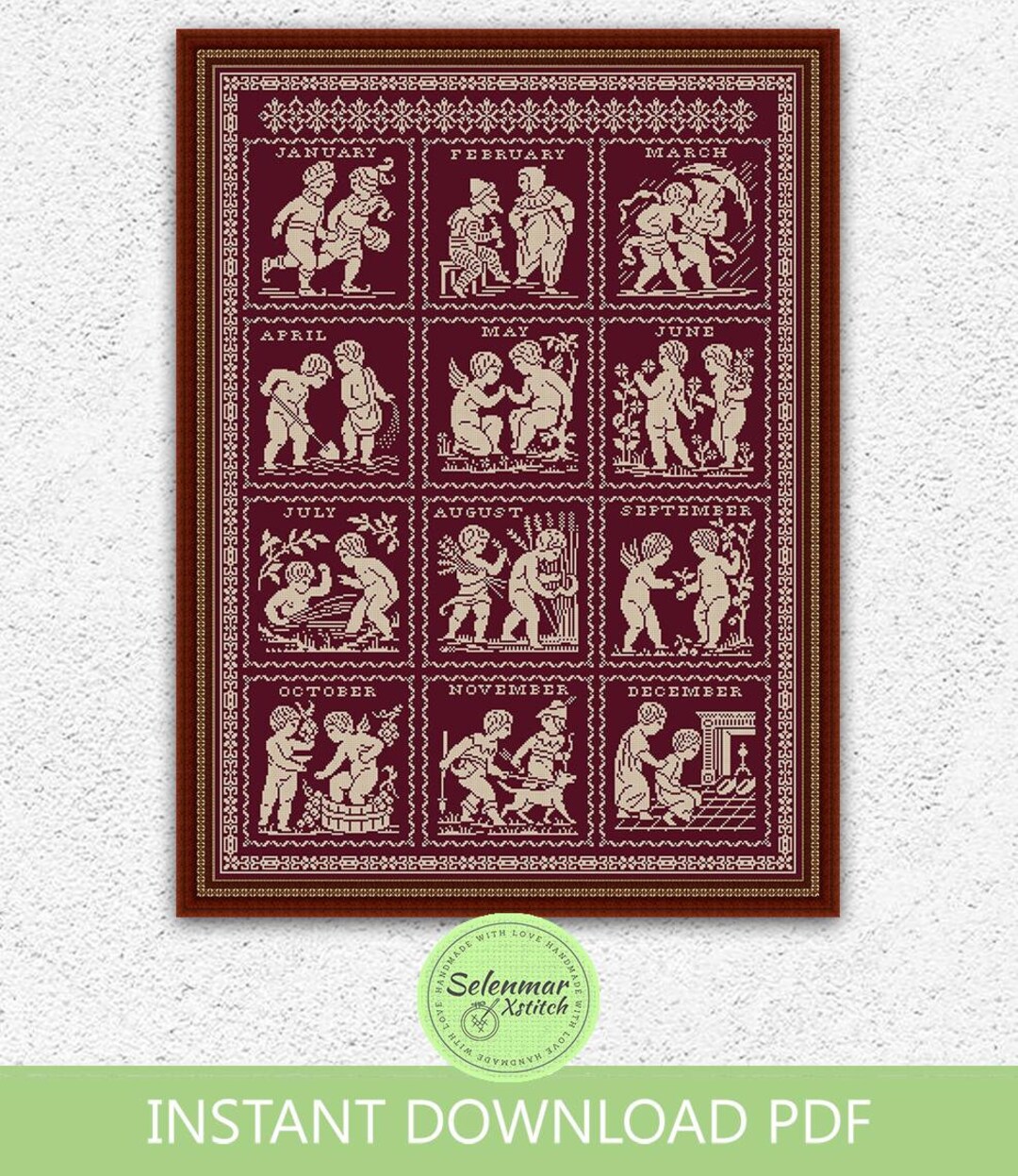 Calendar Monochrome Cross Stitch Pattern Seasons Months of the Year ...