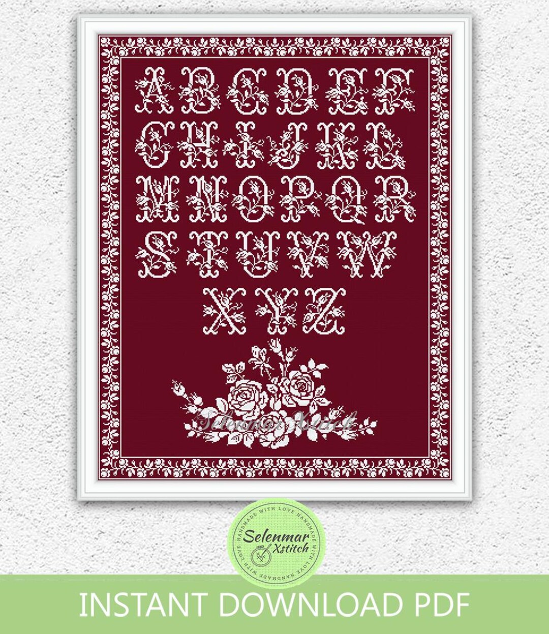 Monochrome Alphabet Sampler Counted Cross Stitch Pattern Roses Buds ...