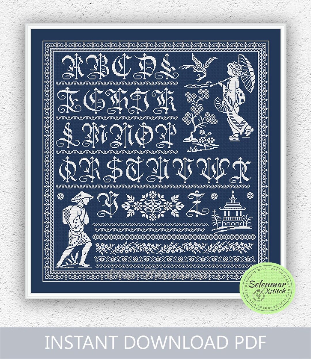 Quaker Sampler Counted Cross Stitch Pattern Monochrome Alphabet Sampler ...