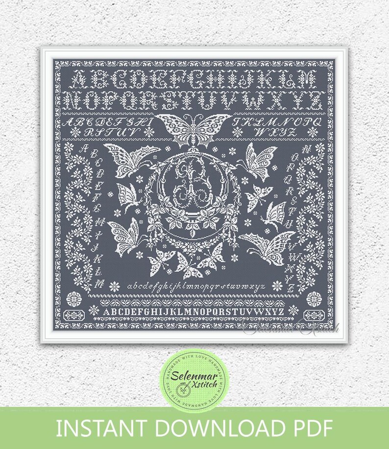 Butterflies Quaker Sampler Cross Stitch Pattern Monochrome Floral ...