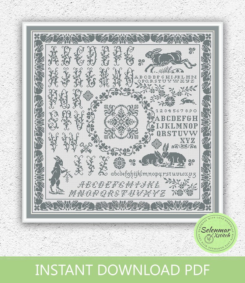 Monochrome Quaker Sampler Cross Stitch Pattern Bunny Rabbit - Etsy