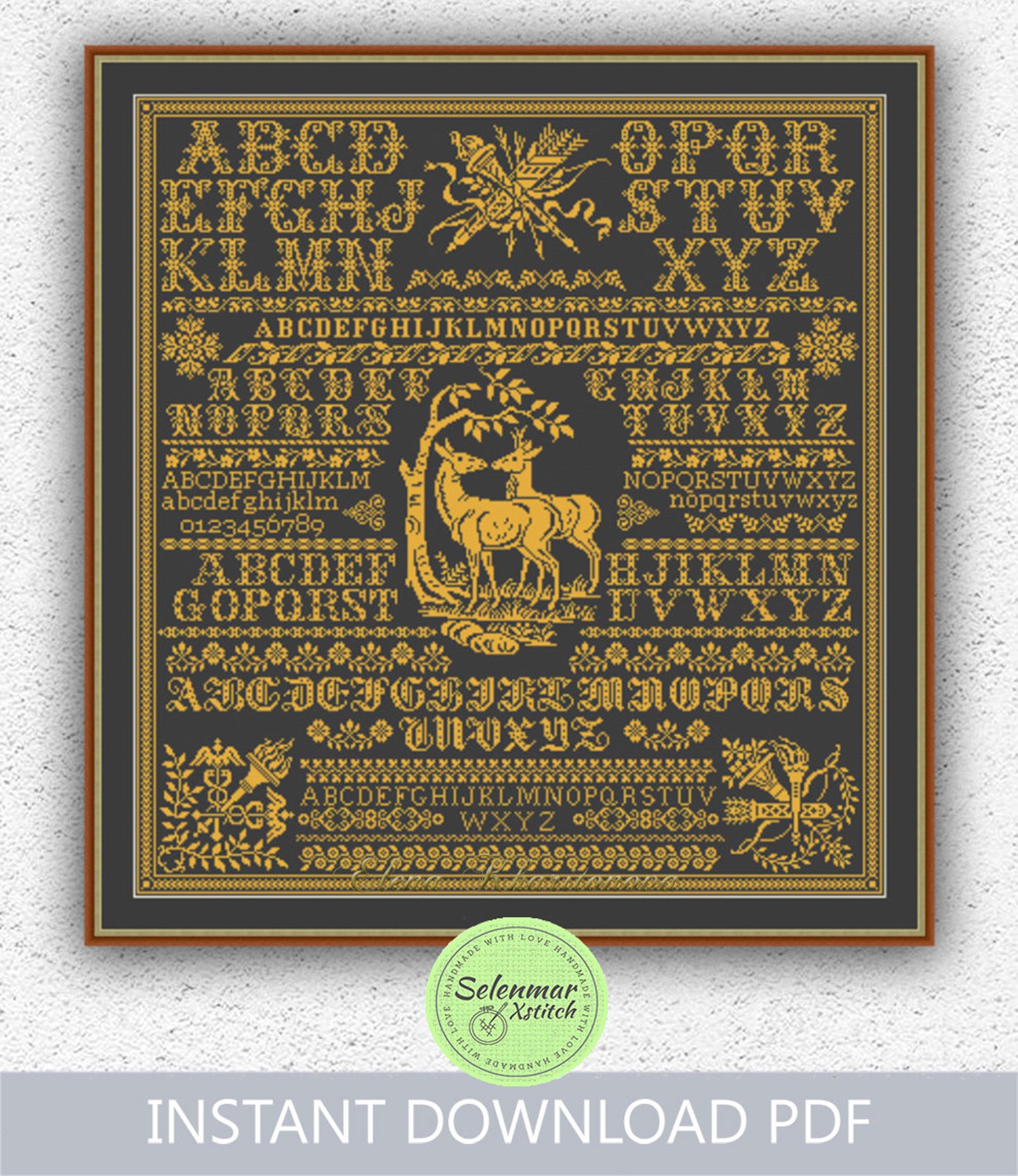 Two Forest Reindeer Cross Stitch Pattern Monochrome Quaker Sampler ...