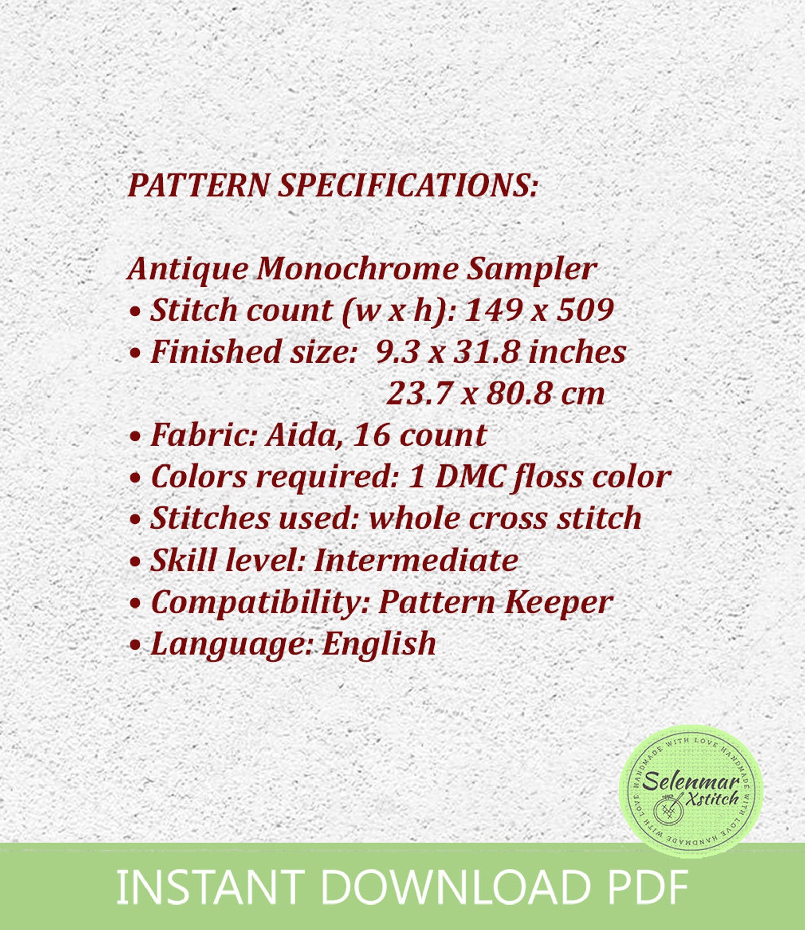 Antique Monochrome Sampler Counted Cross Stitch Pattern Large Cross ...