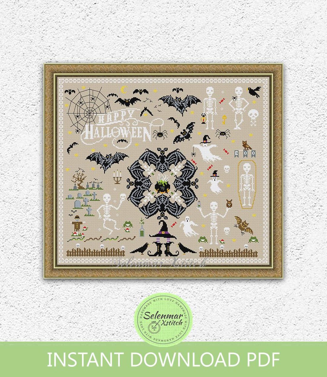 Halloween Quaker Sampler Cross Stitch Pattern Skeletons Spooky Ghost ...