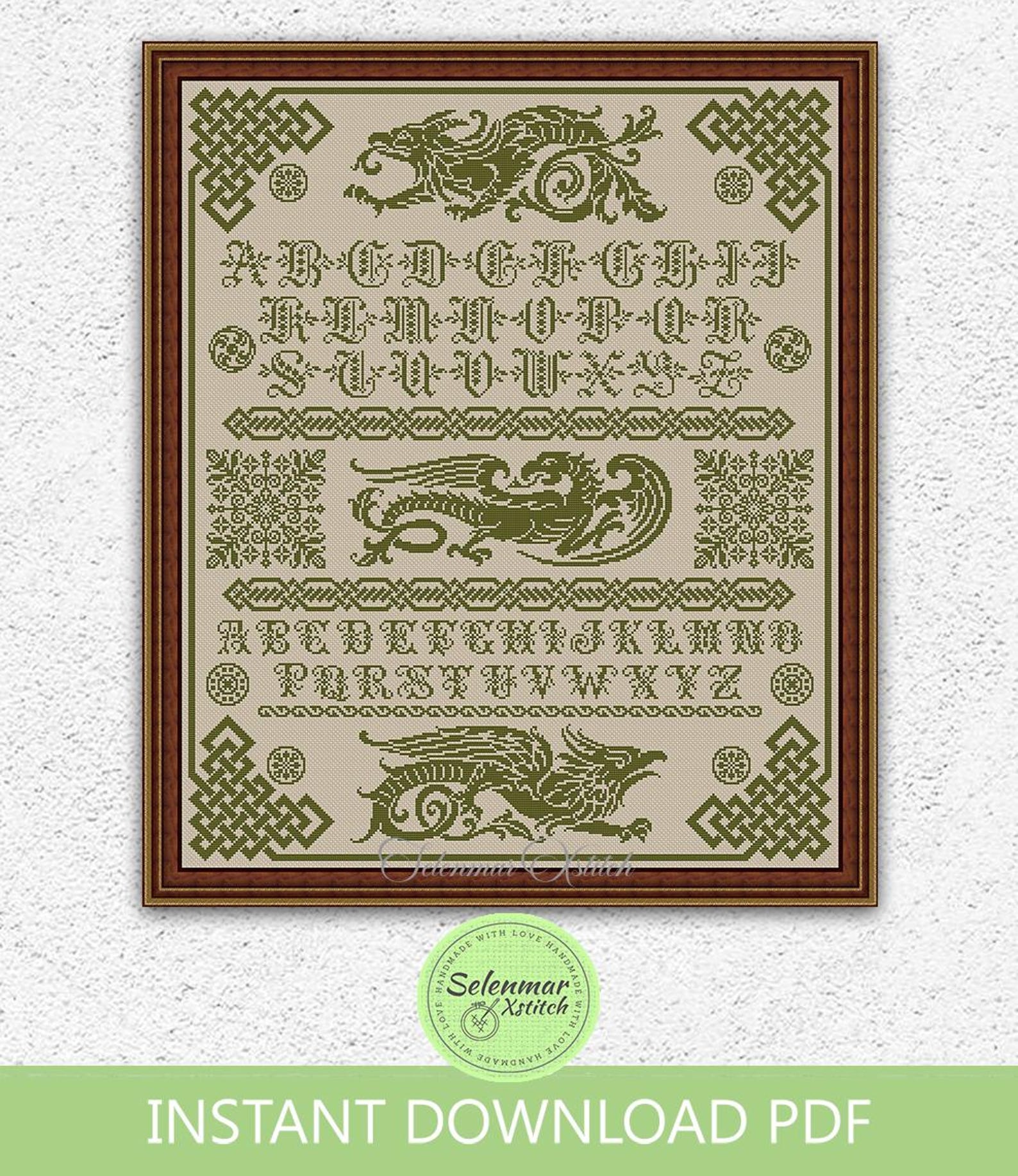 Monochrome Celtic Dragons Cross Stitch Pattern Quaker Sampler ...