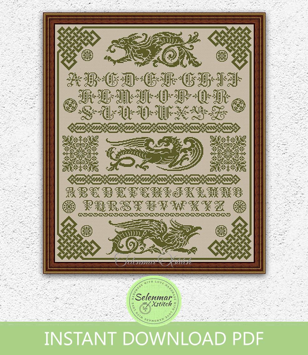 Monochrome Celtic Dragons Cross Stitch Pattern Quaker Sampler ...