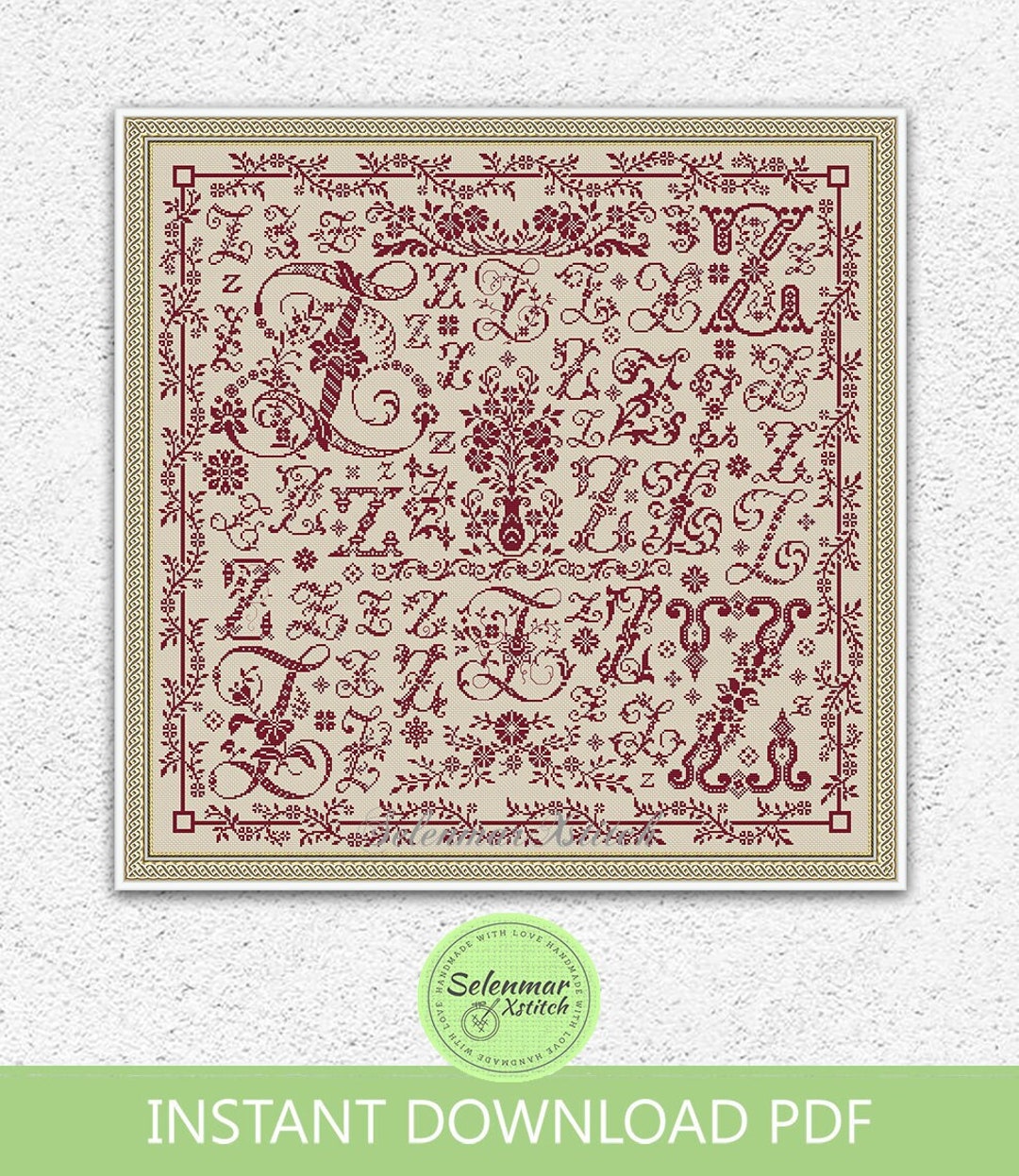 Monochrome Capital Letter Cross Stitch Pattern Floral Letter Z Sampler ...