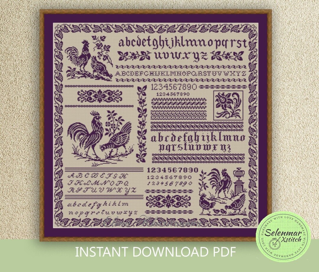 Farmhouse Quaker Sampler Counted Cross Stitch Pattern Rooster Chickens ...