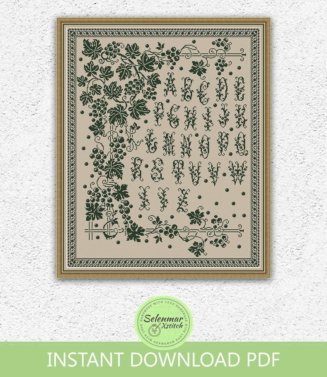 Monochrome Grapevine Cross Stitch Pattern Vintage Alphabet Embroidery ...