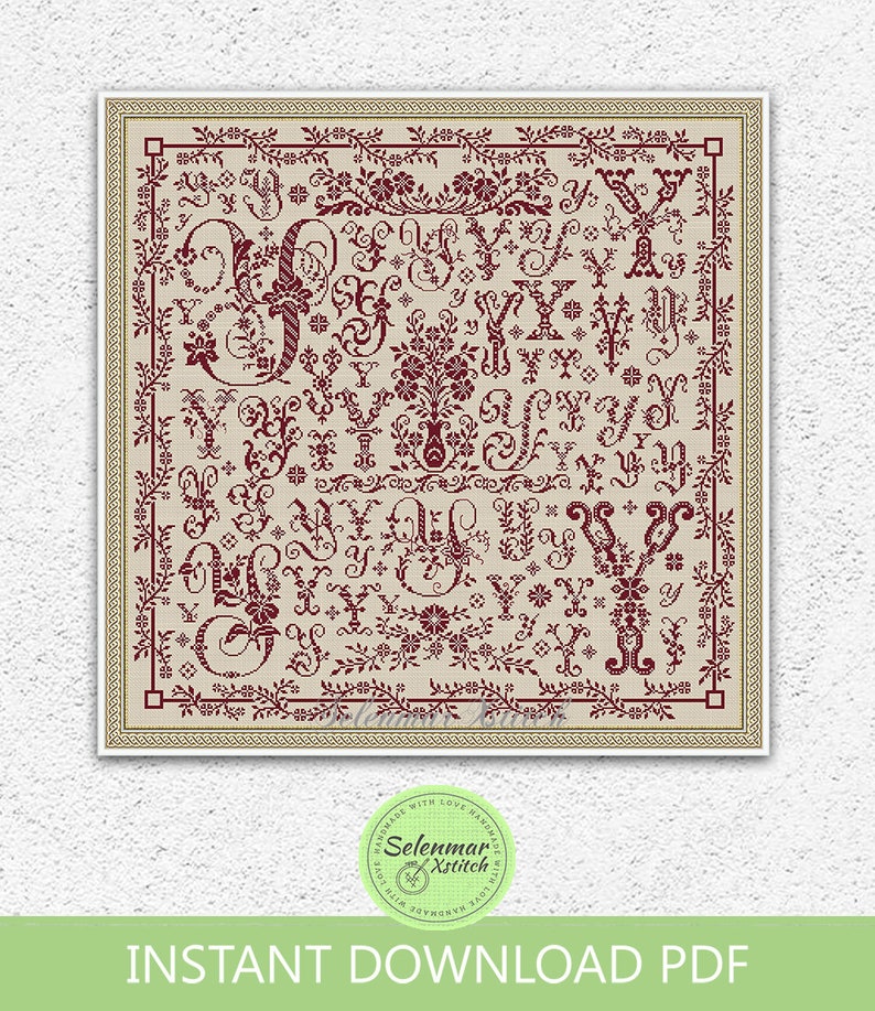 Floral Letter Y Sampler Counted Cross Stitch Pattern Monochrome Cross ...