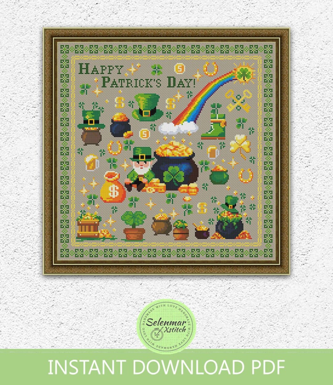 Happy Patricks Day Cross Stitch Pattern Leprechaun Patricks Pot of Gold ...