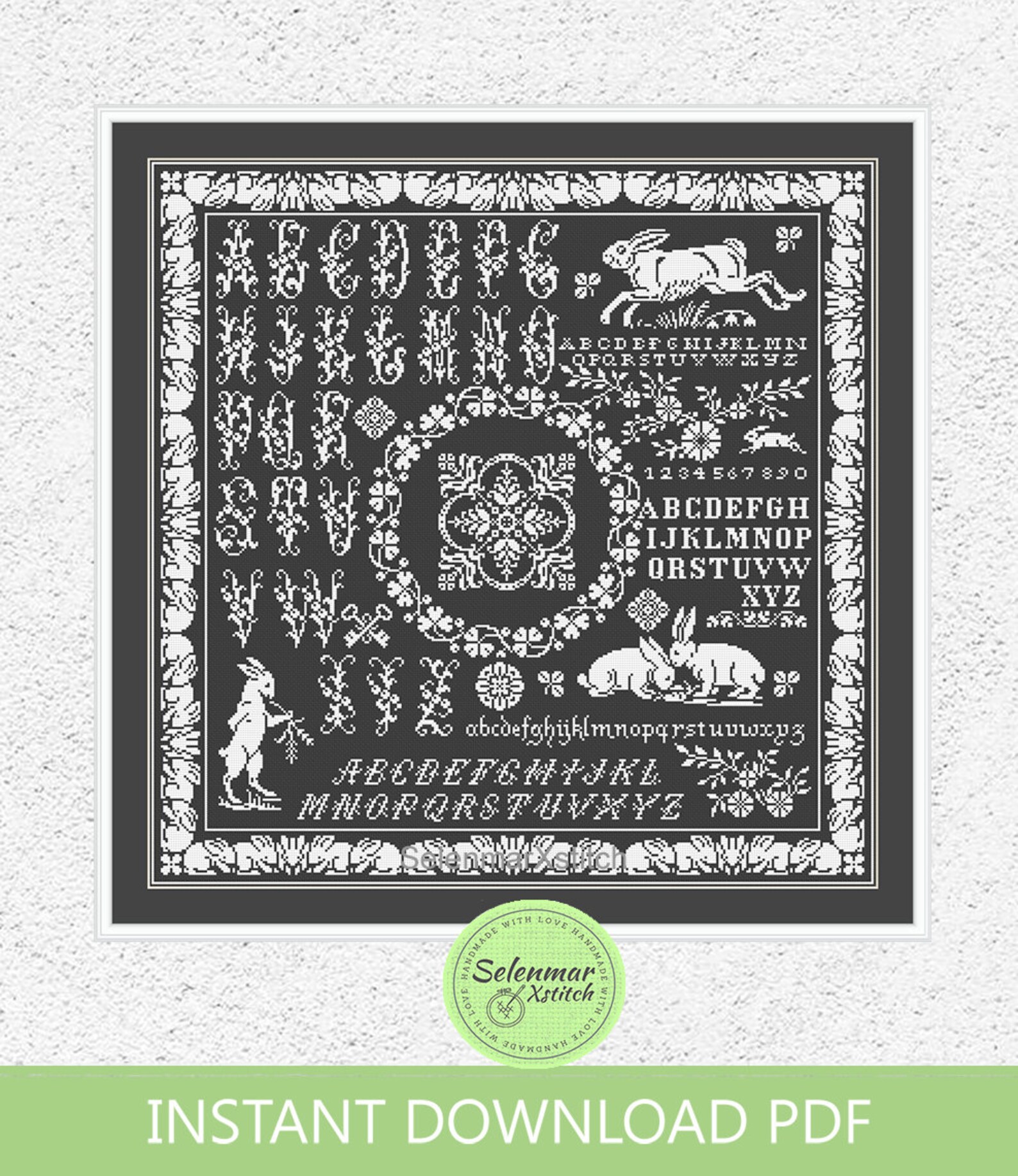 Monochrome Quaker Sampler Cross Stitch Pattern Bunny Rabbit - Etsy