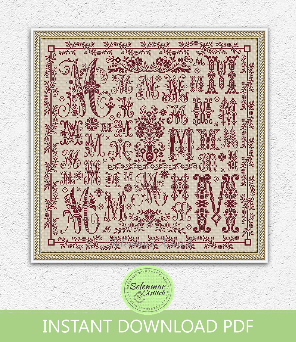 Monochrome Letter M Sampler Cross Stitch Pattern Floral Alphabet ...