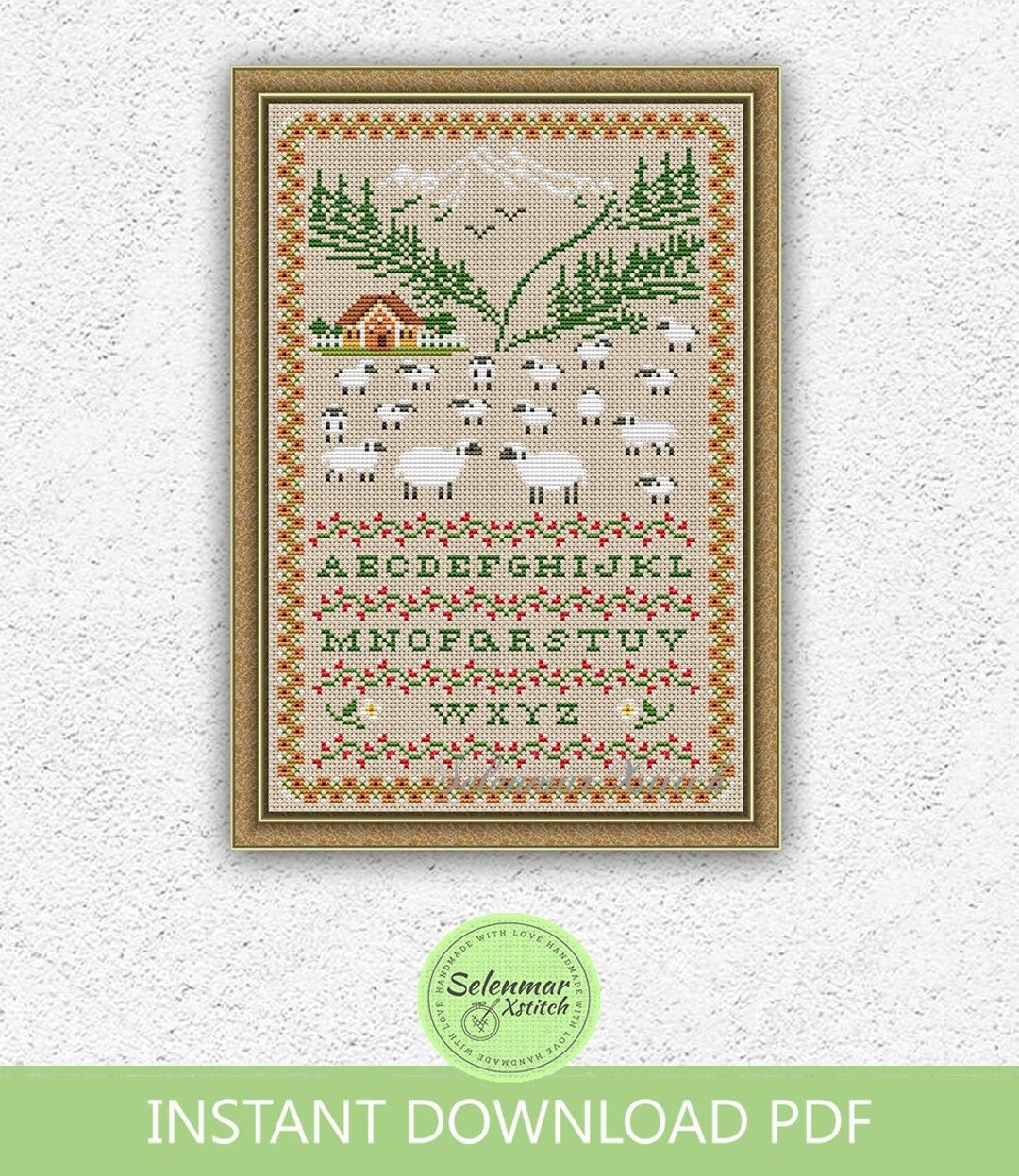 Country Primitive Cross Stitch Pattern Sheep in the Meadow - Etsy