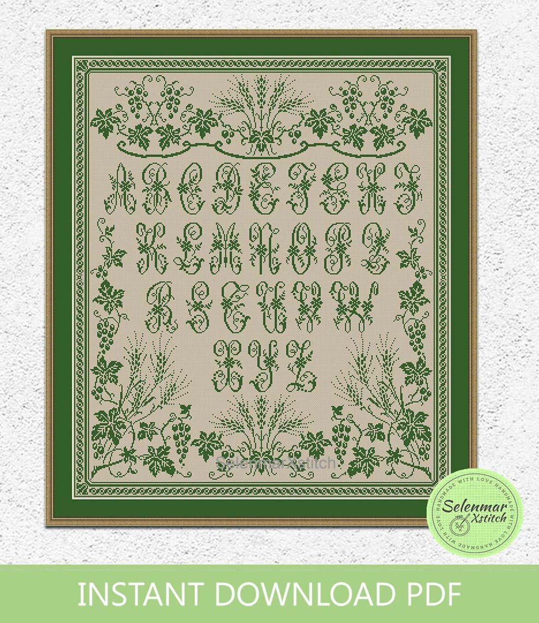 Vintage Alphabet Monochrome Cross Stitch Pattern Leafy Letters ...