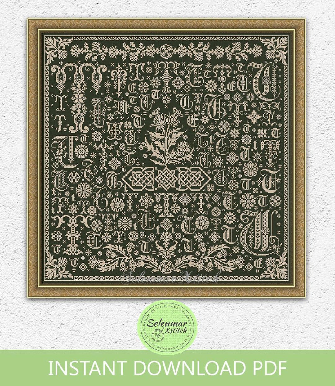 Monochrome Letter Cross Stitch Pattern Initial Letter T Sampler Vintage ...